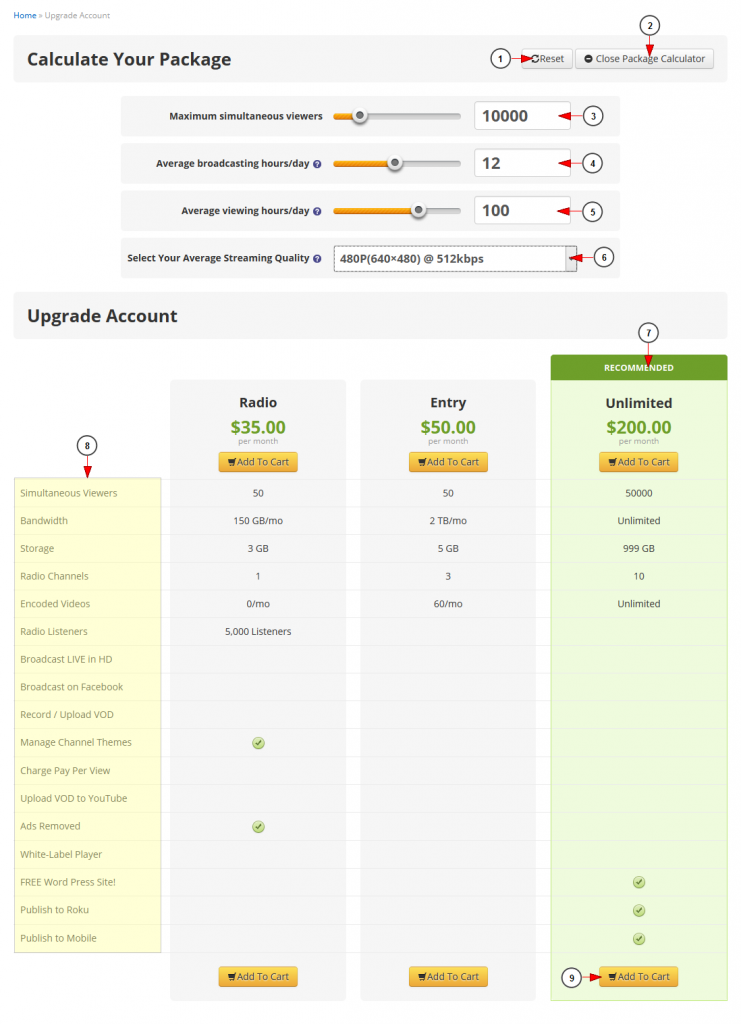 Upgrade account page layout | Live Streaming manual V7